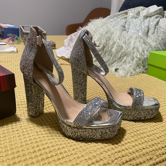 Shoes | Silver Glitter Block Heels | Poshmark